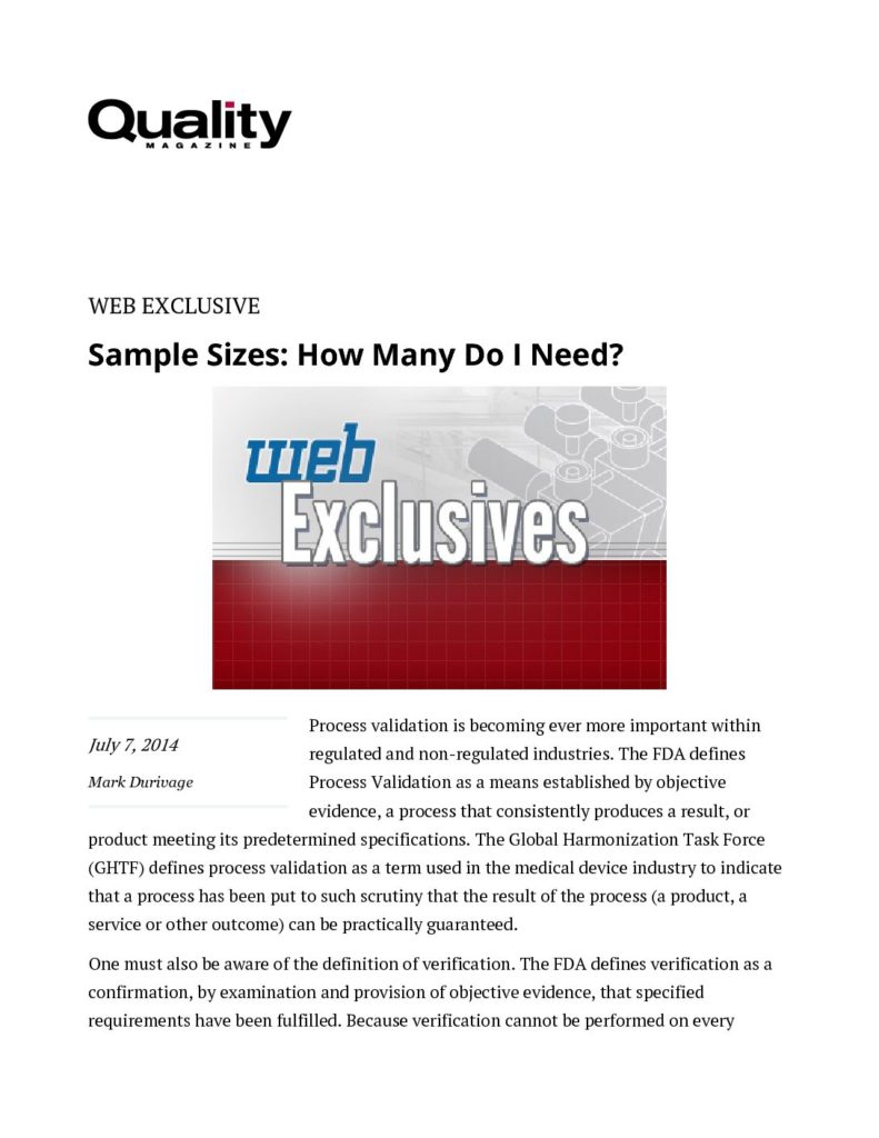 Sample Sizes How Many Do I Need ⋆ Quality Systems Compliance